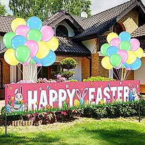 36 Pcs Happy Easter Banner and Balloons Decorations Set Large Fabric Happy Easter Yard Sign Banner Outdoor Spring Easter Themed Party Banner 35 Pcs Latex Balloons for Home Party Decoration 18 x 118 ft