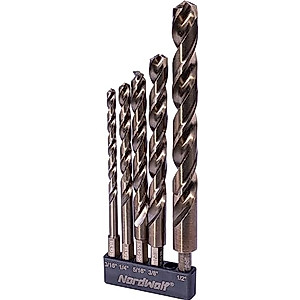 NordWolf 5-Piece M35 Cobalt Drill Bit Set for Stainless Steel, Hard Metals & Cast Iron, Jobber Length with 1/4" Hex Shank, SAE Sizes 3/16"-1/4"-5/16"-3/8"-1/2"