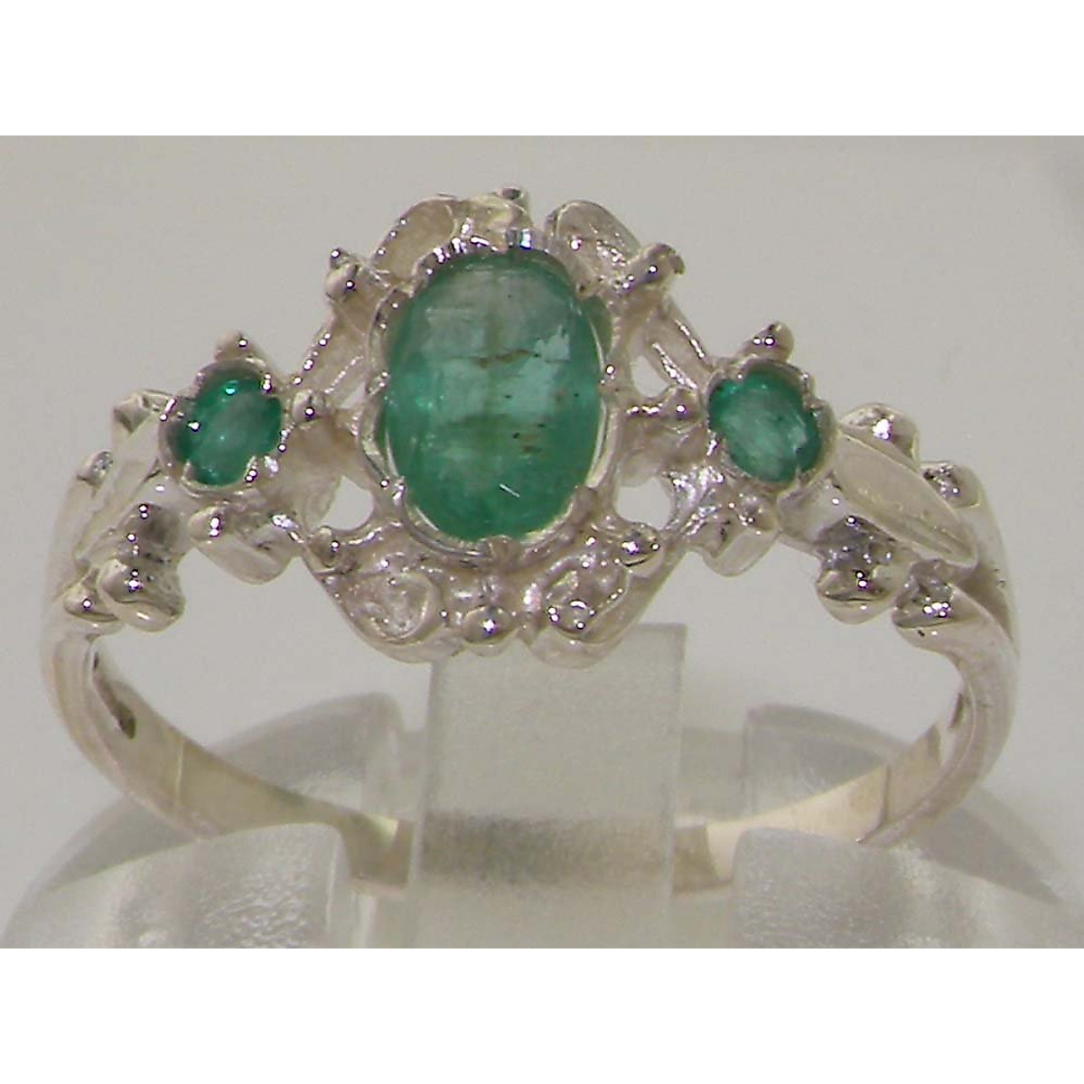 LetsBuyGold 925 Sterling Silver Real Genuine Emerald Womens Trilogy Engagement Ring - Size 6