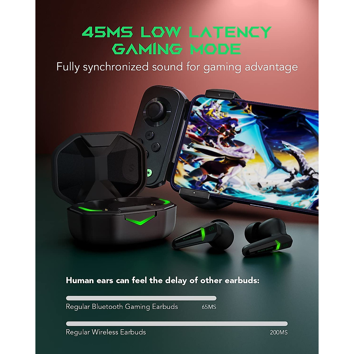 Black Shark Bluetooth Earbuds Wireless with 45ms Ultra-Low Latency, Gaming 5.2, Dual Modes, 10mm Driver, 35H Play Time, IPX4 Waterproof, Built-in Mic - Lucifer T1