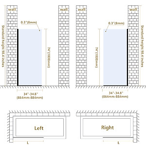Bathroom Shower Door Screen, 34 in. W x 74 in. H Single Panel Frameless Shower Screen with Tempered Glass, for Bathroom and Bathtub, Clear Shower Door Screen with Matte Black Rods