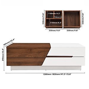 Merax Coffee Table Extendable Sliding Top for Living Room Modern with Drawers Hidden Compartment Accent Furniture Multifunctional Cocktail Reception Office Bedroom, 47.2"-72.8", White/Walnut