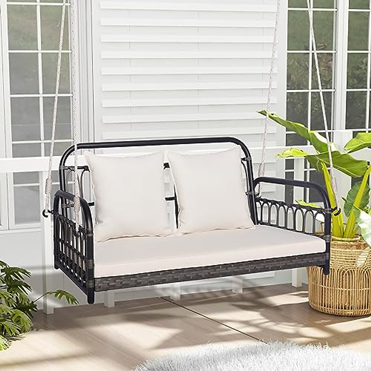 Tangkula Outdoor Wicker Porch Swing, 2-Person Hanging Seat with Seat & Back Cushions, Heavy-Duty Metal Frame & 2 Sturdy Hanging Ropes, Wicker Woven Swing Loveseat for Front Porch