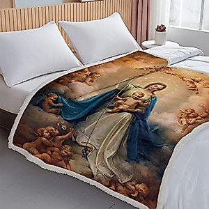 Bedmust Blue Virgin Angel Throw Blanket Virgin Maria Authentic Catholic Blankets Mother Blanket Blankets Queen Size (90x90 inches)