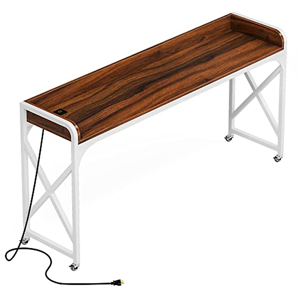 Tribesigns Over Bed Table with Wheels, 70.8" Overbed Desk with Outlet & USB, Mobile Queen Size Bed Table with White Metal Legs for Bedroom, Rolling Tray Table for Living Room, Hospital, Dark Walnut