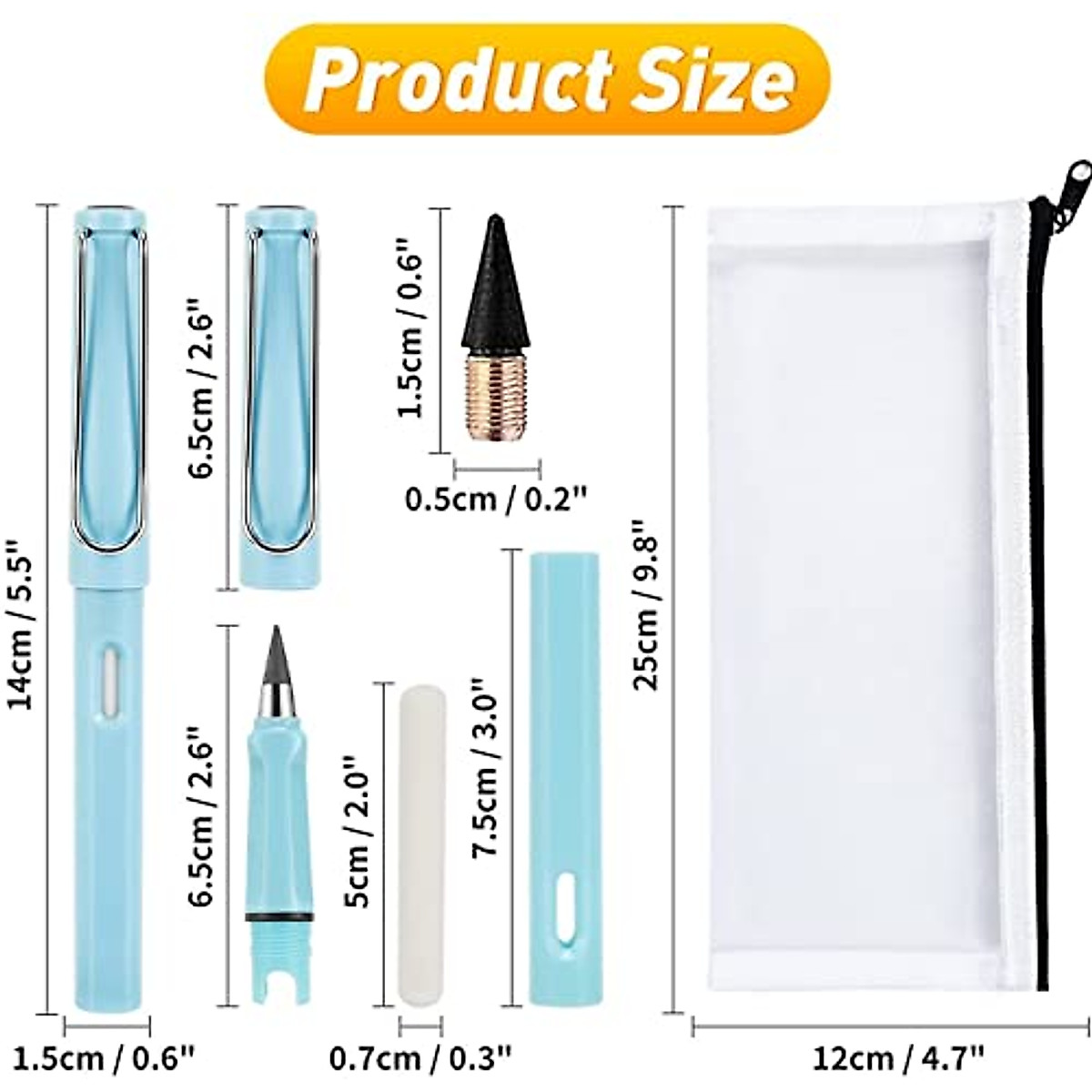 Lyomied 4Pcs Inkless Pencils Eternal, Everlasting Pencil with Eraser, and 4 Replacement Nibs,Unlimited Writing, Reusable Infinity Pencil, NO-Sharpening Pencils for Kids Student Writing Sketch