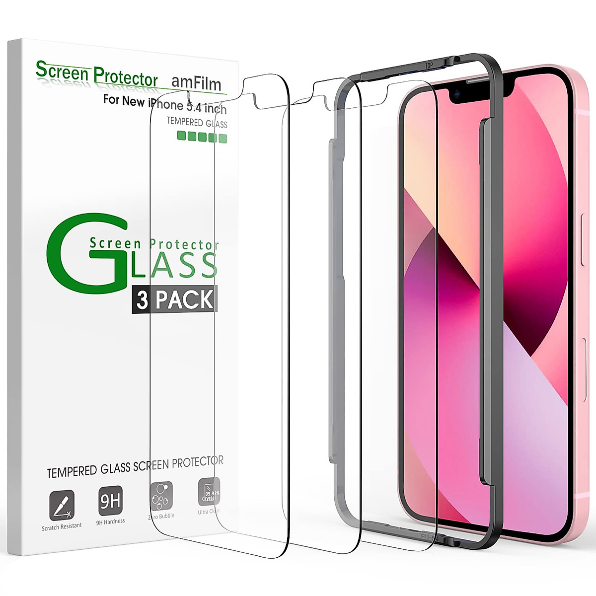 amFilm Glass Screen Protector Compatible with iPhone 13 Mini 5.4" Display, 2021, With Easy Installation Tray - Case Friendly, Tempered Glass, 3 Pack