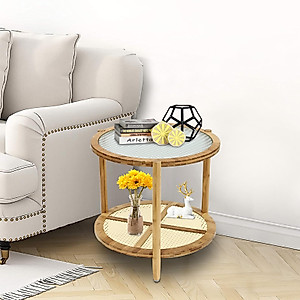 PaNeTnya 22 inch Bamboo Side Table End Table,2 Tier Round Side Table with Rattan Shelf and Glass Tabletop,Coffee Table for Living Room,Dining Room and Bedroom