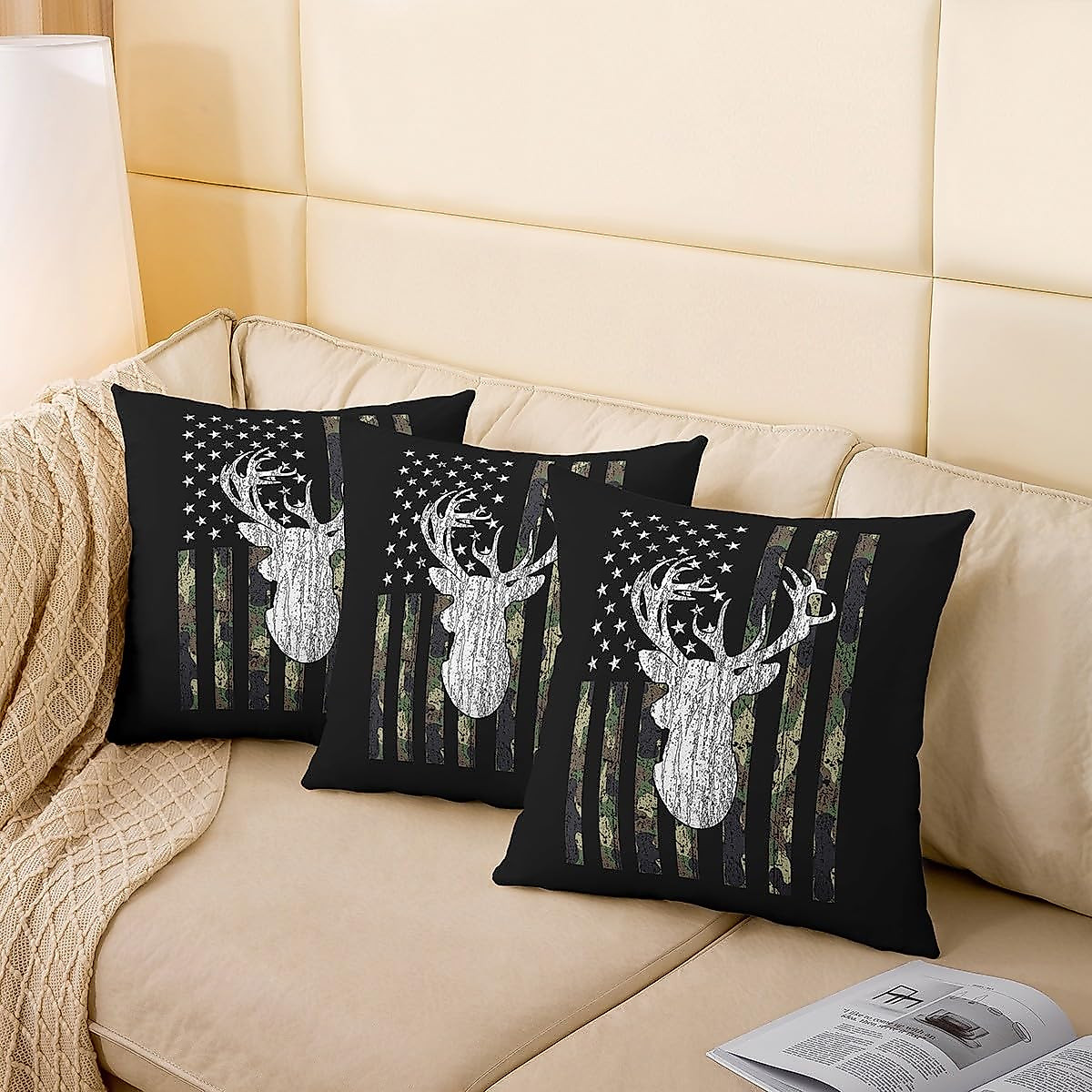 American Flag Cushion Covers 18x18 Set of 2, Deer Hunting Camo Throw Pillow Covers For Outdoors Car Chair, Military Camouflage Pillow Covers, Western Rustic Farmhouse Stars Stripes Cushion Cases