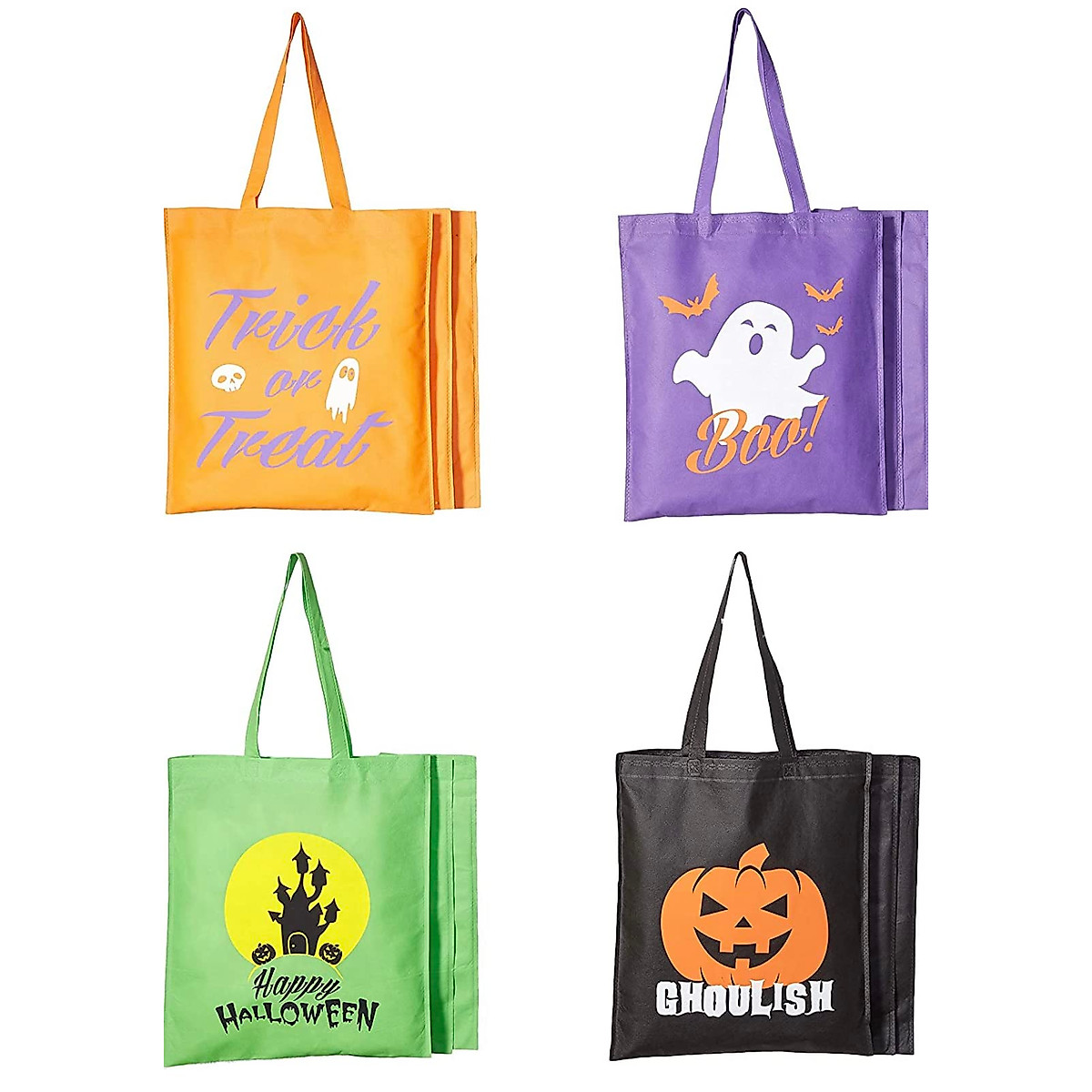 Bulk 24 Pack Deluxe Large 15" x 16" Trick or Treat Bag Fun Reusable Shopping Halloween Tote Assortment Featuring 4 Designs