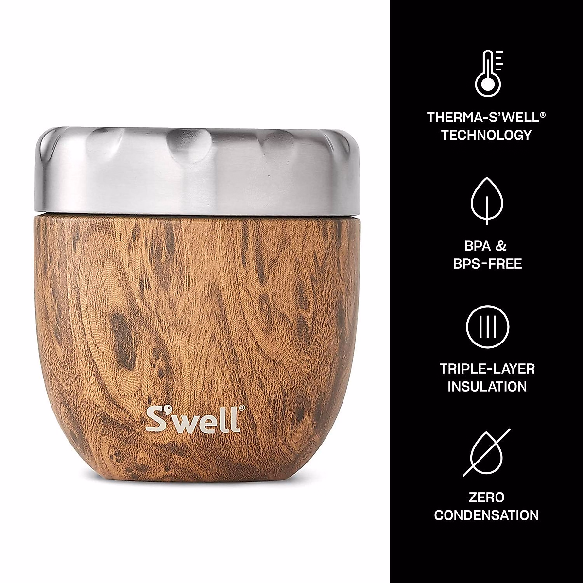S'well Stainless Steel Bowls-16 Fl Oz-Teakwood-Triple-Layered Vacuum Insulated Containers Keeps Food and Drinks Cold for 12 Hours and Hot for 7-with No Condensation-BPA Free, 16 oz