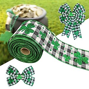 Happy St. Patrick's Day Glitter Lucky Shamrock Checkered Plaid Wired Edge Ribbon Green Clover Fabric Ribbon Ornaments for St. Patrick Decorations Gift Wrapping Party Decorative 2.5"x10 Yard