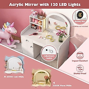 GOFLAME Kids Vanity Set with Lighted Mirror, Toddler Makeup Dressing Princess Table & Chair Set with Shelves, Drawer & Cabinet, Pretend Play Vanity Set with Mirror and 2-Color LED Lights, White