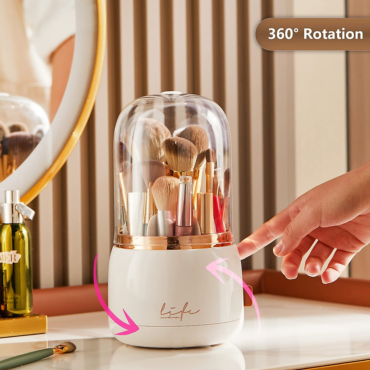 LtyTz Makeup Brush Holder Organizer with Lid, Rotating Dustproof Make Up Brushes Organizer with Clear Acrylic Cover for Vanity Desktop Bathroom Countertop (Dark green)