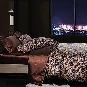 ErZhuiZi Luxury Satin Silky Duvet Cover Set with Fitted Sheet 4pcs Silk Bedding Set with 2 Pillowcases Leopard Print Comforter Cover,LeopardPrint-Queen