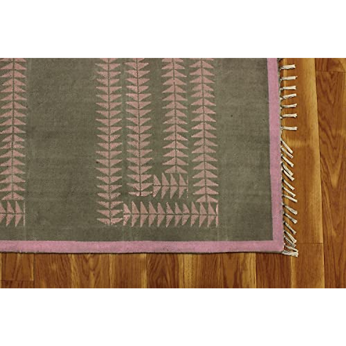 Casavani Hand Block Printed Area Rug Geometric Green & Pink Cotton Dhurrie Washable Kitchen Rugs with Tassels for Bedroom,Laundry,Living Room,Porch 4x6 5x8 2x3 Feet