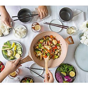 WaxonWare 12.5 Inch Non Stick Wok With Glass Lid Coated With Marbellous (A 100% PFOA & APEO Free German Non Stick Coating) - For Stir-Frying, Shallow Frying, Deep Frying & Braising