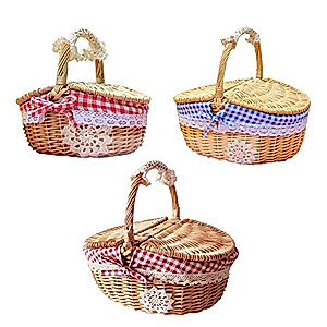 KHBNHJ Wicker Picnic Basket Camping Picnic Baskets with Double Lid and Handle Hand Woven Willow Basket for Picnic Camping Outdoor Party Park Beach