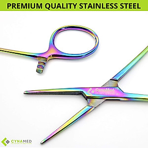 Cynamed Set of 2 Artzone Multi Color Hemostat Forceps with Serrated Jaws, Stainless Steel Rainbow Pliers - 5 inch