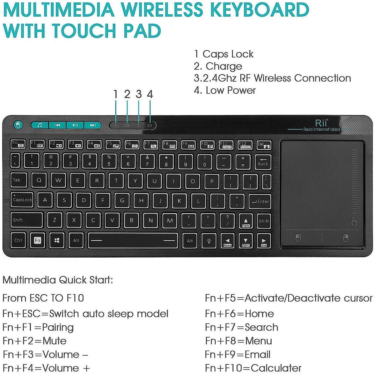 Rii K18 Plus Wireless 3-LED Color Backlit Multimedia Keyboard with Multi-Touch Big Size Trackpad,Rechargable Keyboard for Android TV Box,PC,Smart TV,Xbox,Raspberry Pi, HTPC IPTV,Windows, MacOS (2.4G)