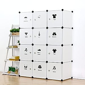 UNICOO - Multi Use DIY Plastic 12 Cube Organizer, Toy Organizer, Bookcase, Storage Cabinet, Wardrobe Closet White with Door Sticker (Deeper Cube - White)