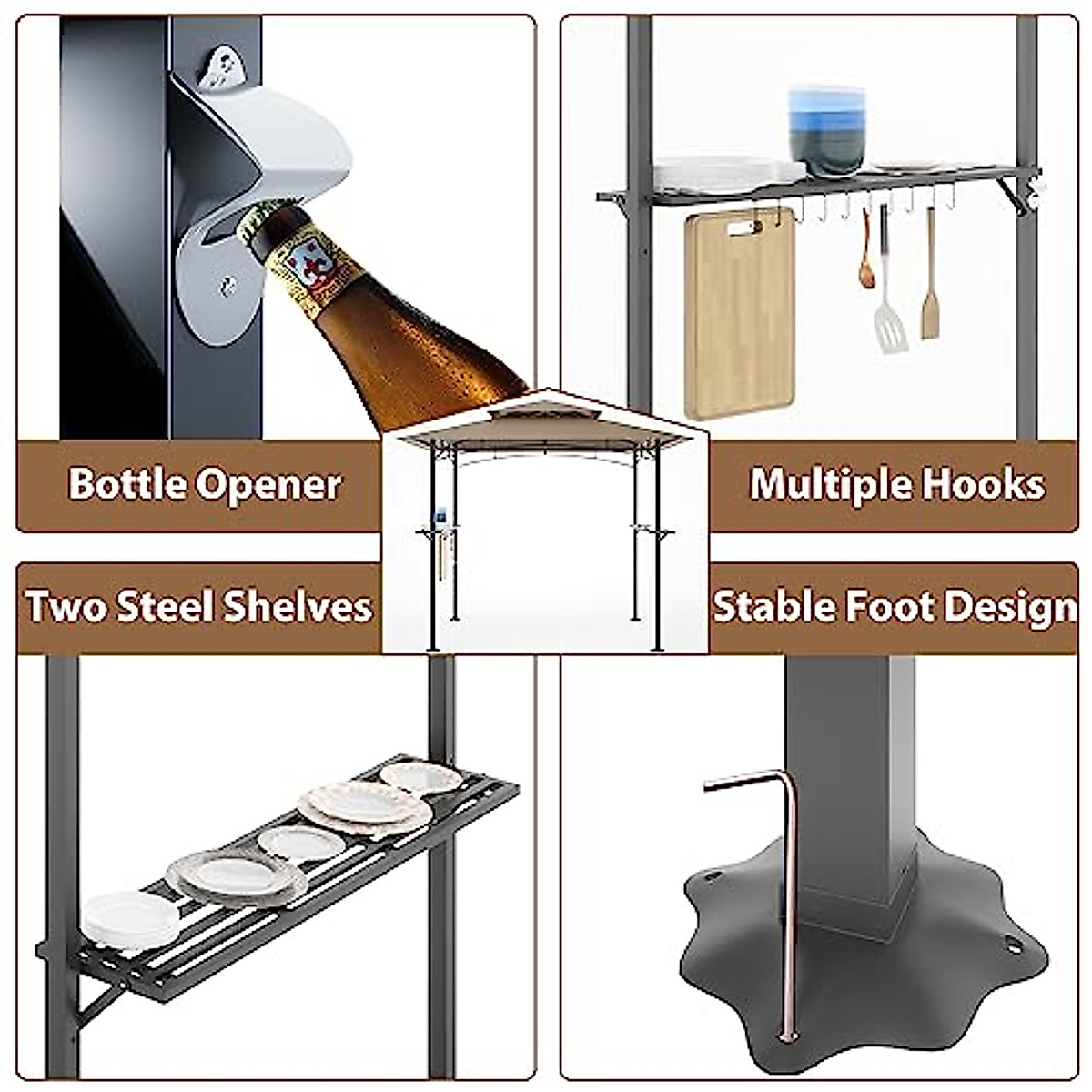 Outdoor Canopy Tent - 8 x 5 FT Grill Gazebo with Air Vent - BBQ Grill Party Tent with Shelves - Patio Canopy Tent - Double Tiered Soft Top and Rustproof Steel Frame - Hooks and Bottle Opener - Khaki