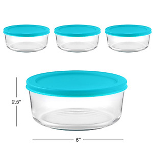 BOVADO USA 4 Cup Glass Food Storage Containers (4 Pack) | Nonpourous Dishwasher, Freezer & Oven Safe Glass, Easy-Clean | Teal Lids