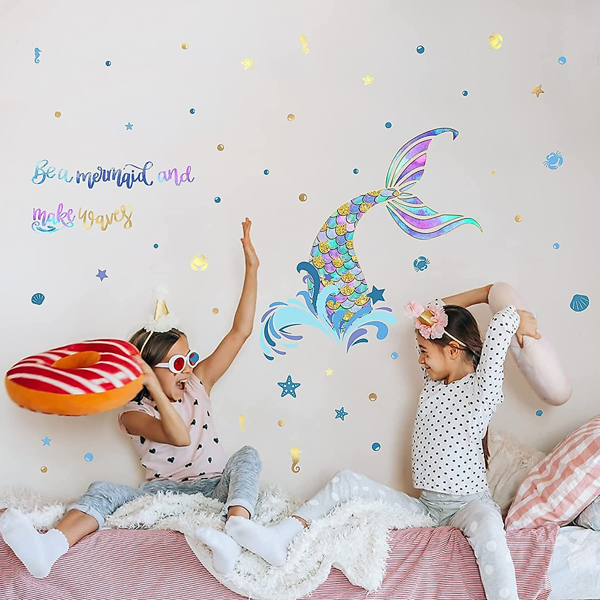 Mermaid Wall Decals, Ocean Creature Decoration Quotes Be a Mermaid and Make Waves Wall Stickers for Baby Room Girls Bedroom Nursery Bathroom Wall Decor