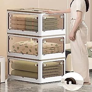 2Pack 44 Qt Collapsible Storage Bins with Lids, 10 Gal Foldable Plastic Storage Box with Wheels, Clear Storage Containers, Stackable Storage Bins, Containers for Organizing, Storage Box with Door