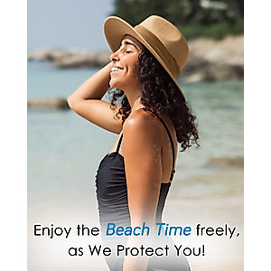 FURTALK Panama Hat Sun Hats for Women Men Wide Brim Fedora Straw Beach Hat UV UPF 50 Brown