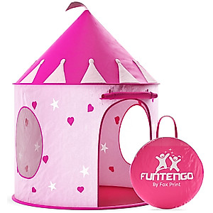 FoxPrint Princess Castle Play Tent with Glow in the Dark Stars Folds in Carrying Case Foldable Pop Up Pink Play Tent/House Toy for Indoor&Outdoor Use