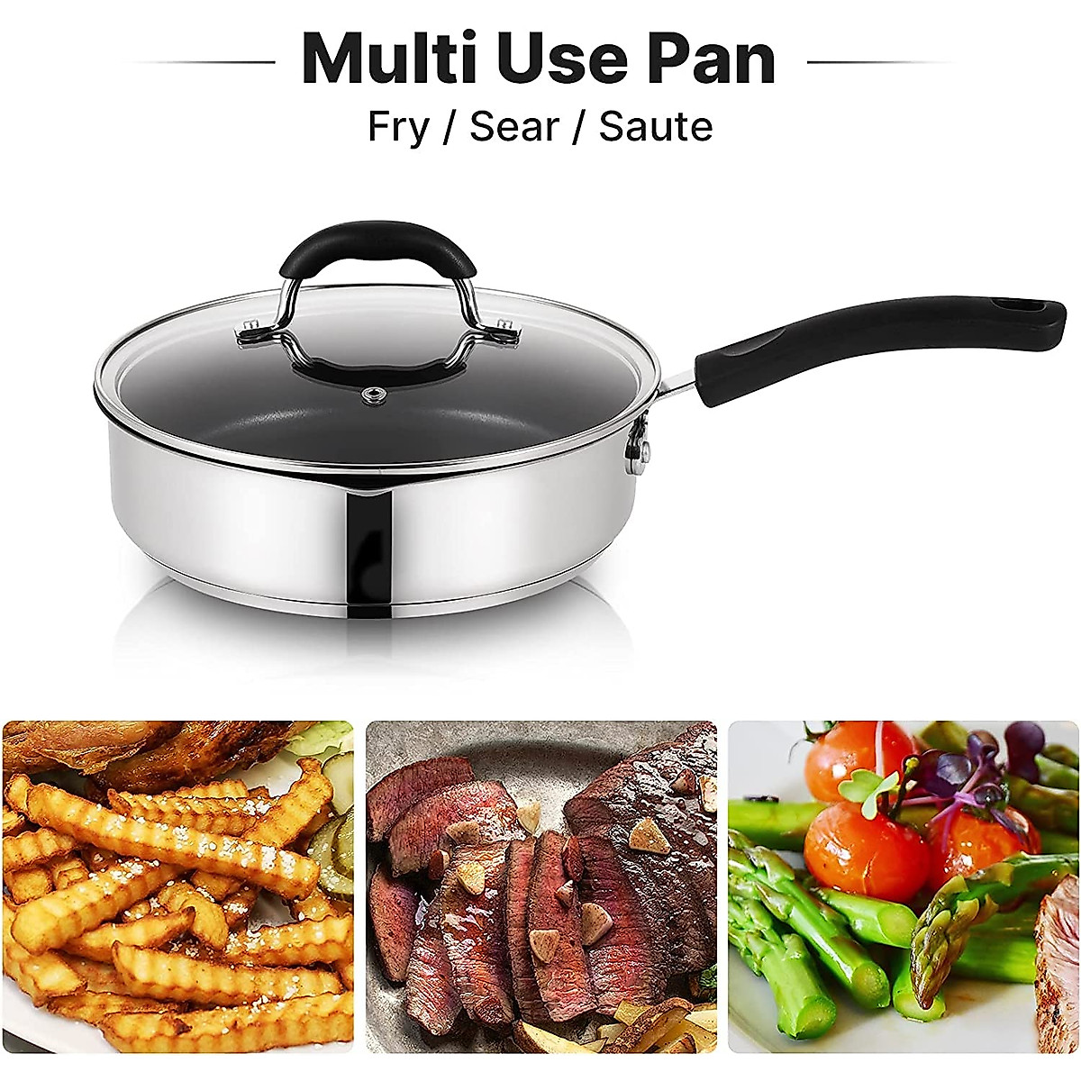 Qstar 3 qt. Stainless Steel Aluminum Nonstick Saute Deep Fry Pan with Lid and Pour Spout