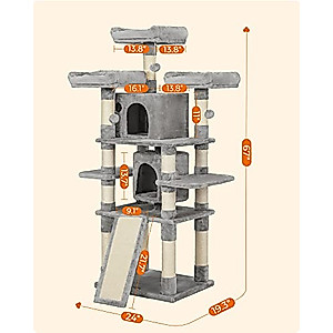 FEANDREA 67-Inch Multi-Level Cat Tree for Large Cats, with Cozy Perches, Stable, Light Gray UPCT18W