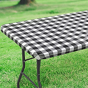 smiry Rectangle Table Cloth Cover, Elastic Waterproof Fitted Vinyl Table Covers for 6 FT Tables, Flannel Backed Buffalo Plaid Tablecloth for Picnic, Camping, Outdoor (Black and White, 30 x 72 Inches)