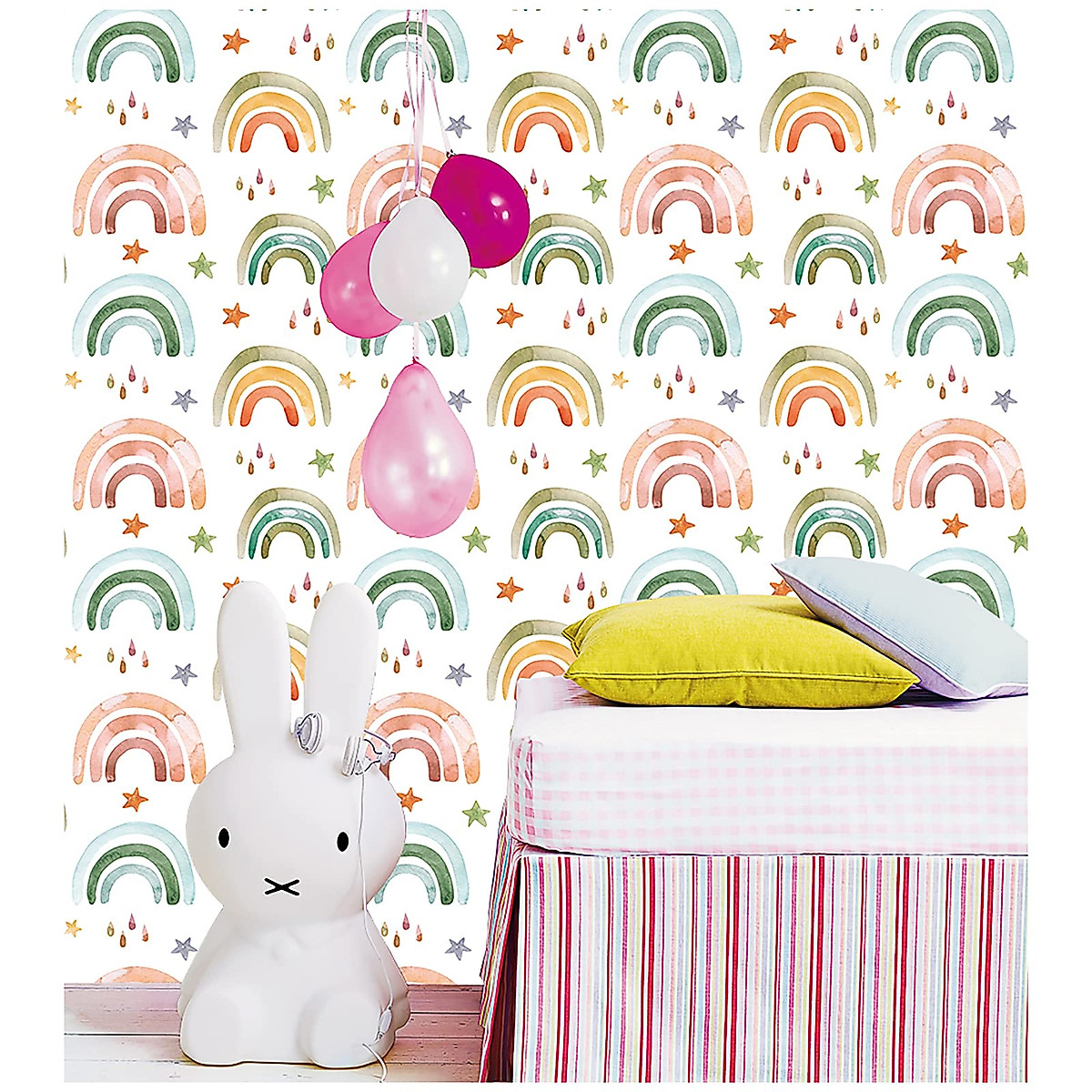 HAOKHOME Peel and Stick Rainbow Wallpaper Cute Raindrop Stars White/Orange/Green Removable for Nursery Kids Bedroom Decor 17.7in x 118in