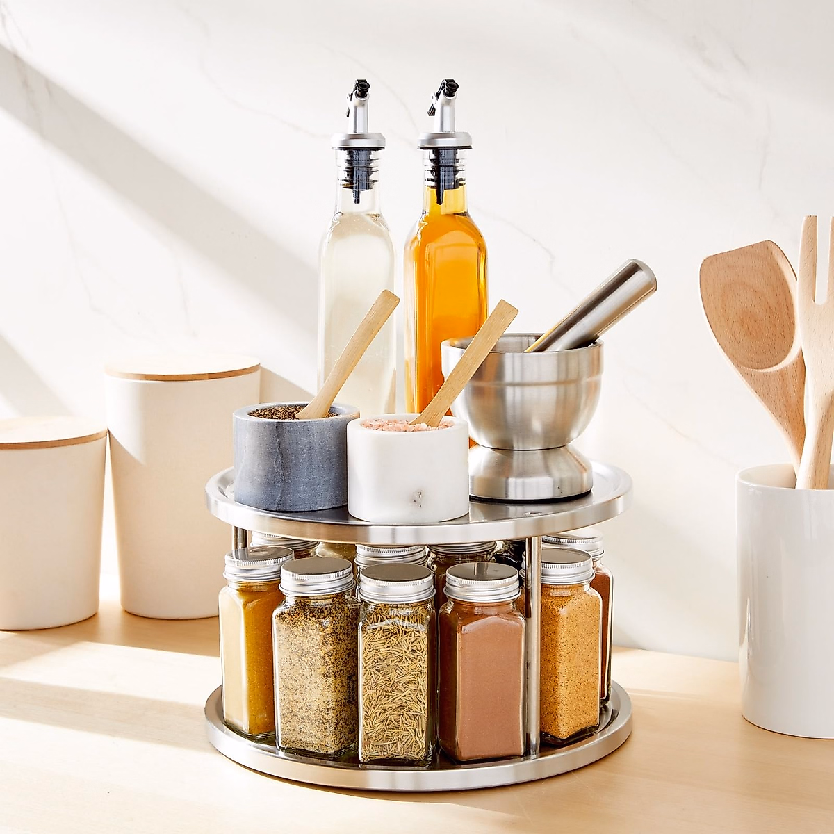 Juvale 2 Tier Lazy Susan Turntable Organizer for Cabinet, Revolving Spice Rack Carousel for Kitchen Pantry Storage, Stainless Steel (10.5 in)