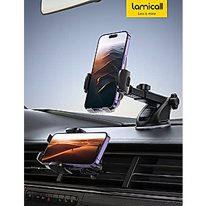 Lamicall 2023 Dashboard Car Phone Mount Holder - [Acrylic Clamp Design] 3in1 Long Arm Car Cell Phone Mount, Super Suction Cup, Automobile Dashboard Windshield Vent Accessories Cradle for All iPhone