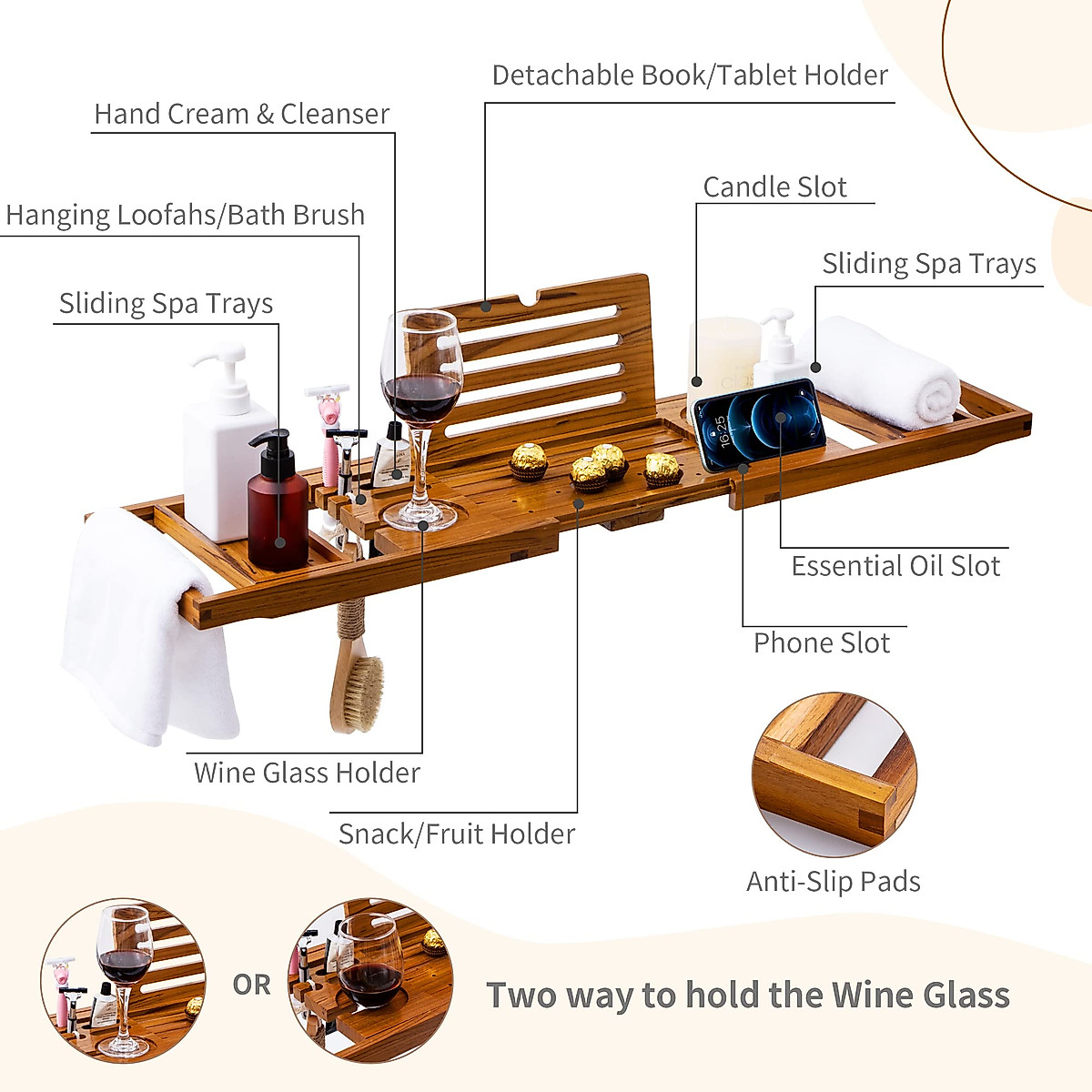 Axeman Teak Bathtub Tray - Bathtub Caddy for Luxury Bath Foldable Bath Tray Bath Tub Accessories with Expandable Handles Wine Glass Phone Holder Book Stand for Home Spa Relaxing and Reading，Natural