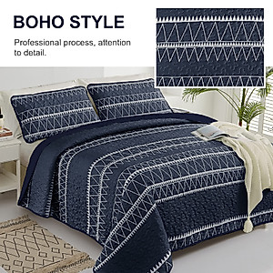 WONGS BEDDING Navy Blue Quilt King Size, Boho Striped Triangle Bedding Bedspread Coverlet Set, Microfiber Lightweight Bohemian Quilt Set for All Season 3 Pieces 90x104 in