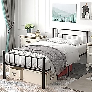 Twin Bed Frames, 14 Inch Twin Size Bed Frame for Kids with Headboard, Heavy Duty Steel Slat Twin Metal Bed Frames, No Box Spring Needed, Mattress Foundation, Anti-Slip, Easy Assembly, Black