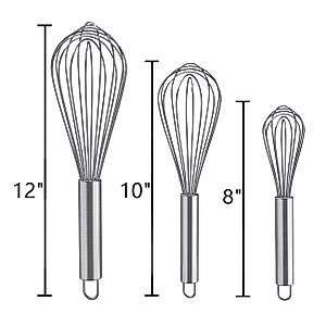 Whisks for Cooking, 3 Pack Stainless Steel Whisk for Blending, Whisking, Beating and Stirring, Enhanced Version Balloon Wire Whisk Set, 8"+10"+12"