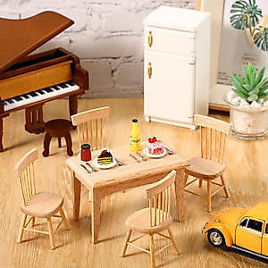 Zhanmai 21 Pcs Dollhouse Miniature Table and Chairs Dollhouse Plates Knives Spoons Forks 1/12 Scale Wooden Table Miniature Mini Dollhouse Accessories for DIY Kitchen Dollhouse Decoration