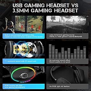 ETWAR EG100 USB Gaming Headset for PC, Computer Headphones with Microphone/Mic Noise Cancelling, Video Gaming Headset USB, RGB Flowing Light - Wired Headphones for PS4, PS5, Laptop, Call Center