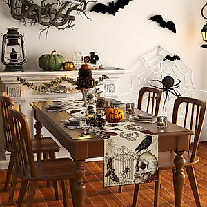 Rvsticty Linen Retro Halloween Table Runner Halloween Gothic Skull Tablecloth Day of The Dead Roses Skull Decor Halloween Decorations and Supplies for Home Kitchen Table-13×72’’