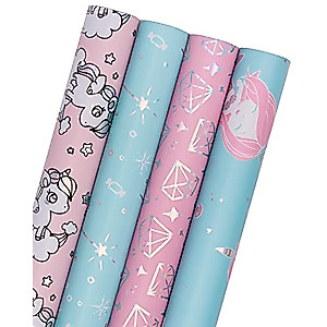 WRAPAHOLIC Wrapping Paper Roll - Mermaid, Fairy Stick and Diamond Cute Design with Colorful Foil for Birthday, Holiday, Baby Shower - 4 Rolls - 30 inch X 120 inch Per Roll