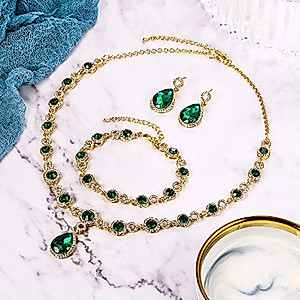 BriLove Wedding Bridal Necklace Bracelet Earrings Jewelry Set for Women Crystal Infinity Figure 8 Teardrop Y-Necklace Dangle Earrings Tennis Bracelet Set Emerald Color Gold-Toned May Birthstone