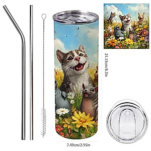 Tumbler with Lid and Straw Cartoon Animals in Flowers thermos coffee travel mugcute cups 20 oz insulated tumbler for Daily Holiday Decor Gift coffee cup