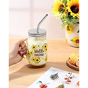 Sunflower Mason Jar Mug with Lid and Straw 16oz Glass Tumbler with Handle Bottle Set for Iced Coffee Smoothie Boba Milk Tea Juices Travel Hello Sunshine Wedding Thanksgiving Christmas Bridesmaid Gift