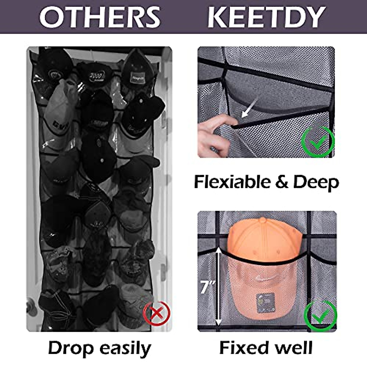KEETDY 24 Baseball Hat Rack for Door Large Hat Organizer for Baseball Caps with Elastic Pockets Caps Holder Protect and Display Hat Storage
