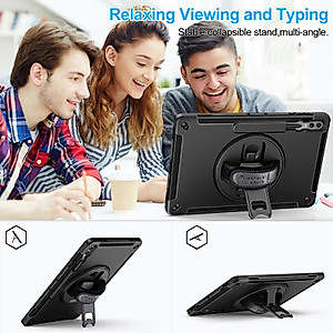 Case for Samsung Galaxy Tab S10 Ultra 2024: 3-Layer Rugged Military Grade Shockproof Case for Tab S9 Ultra/S8 Ultra 14.6 '' W/360° Swivel Stand - Handle - Shoulder Strap - S Pen Holder（Black+Black）